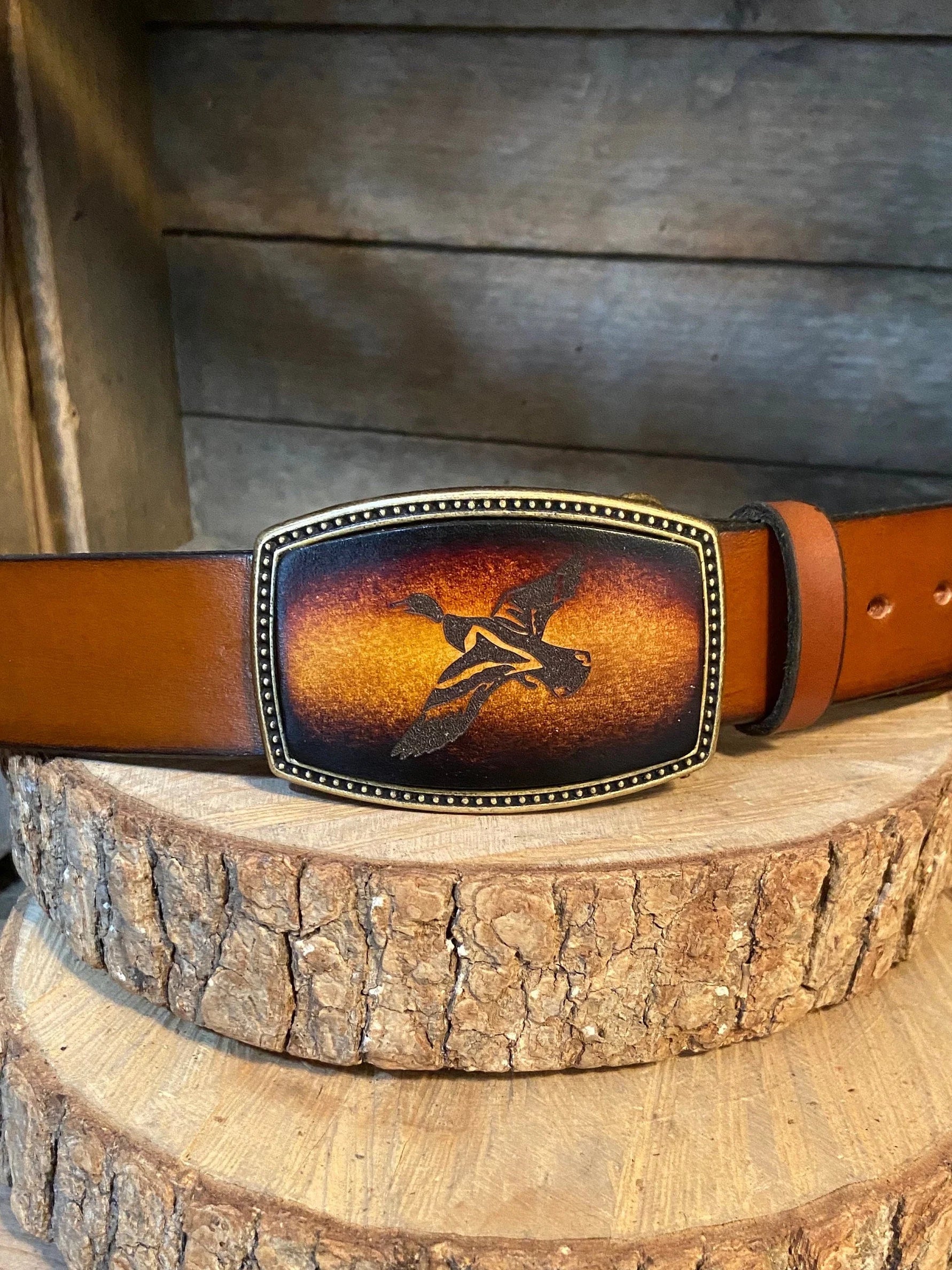 Leather Belt Buckle | Flying Duck | Personalized Option – M & W Leather