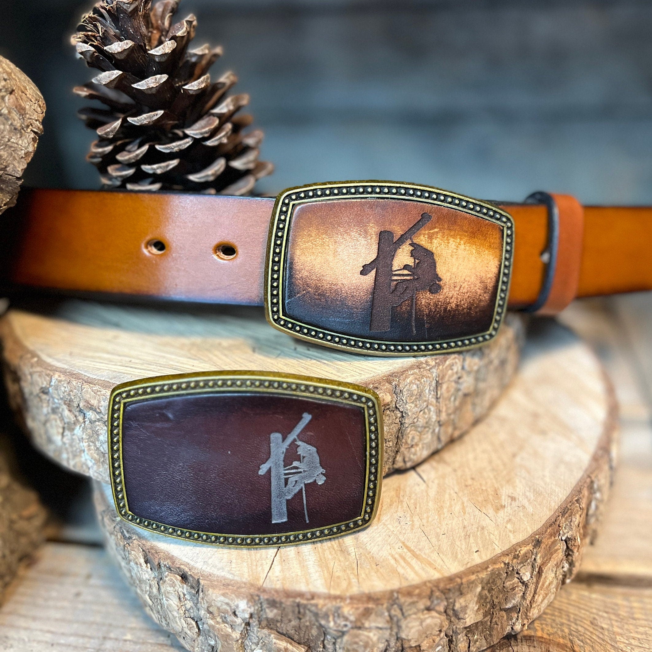 Leather Belt Buckle | Lineman on Pole | Personalized Option – M & W Leather