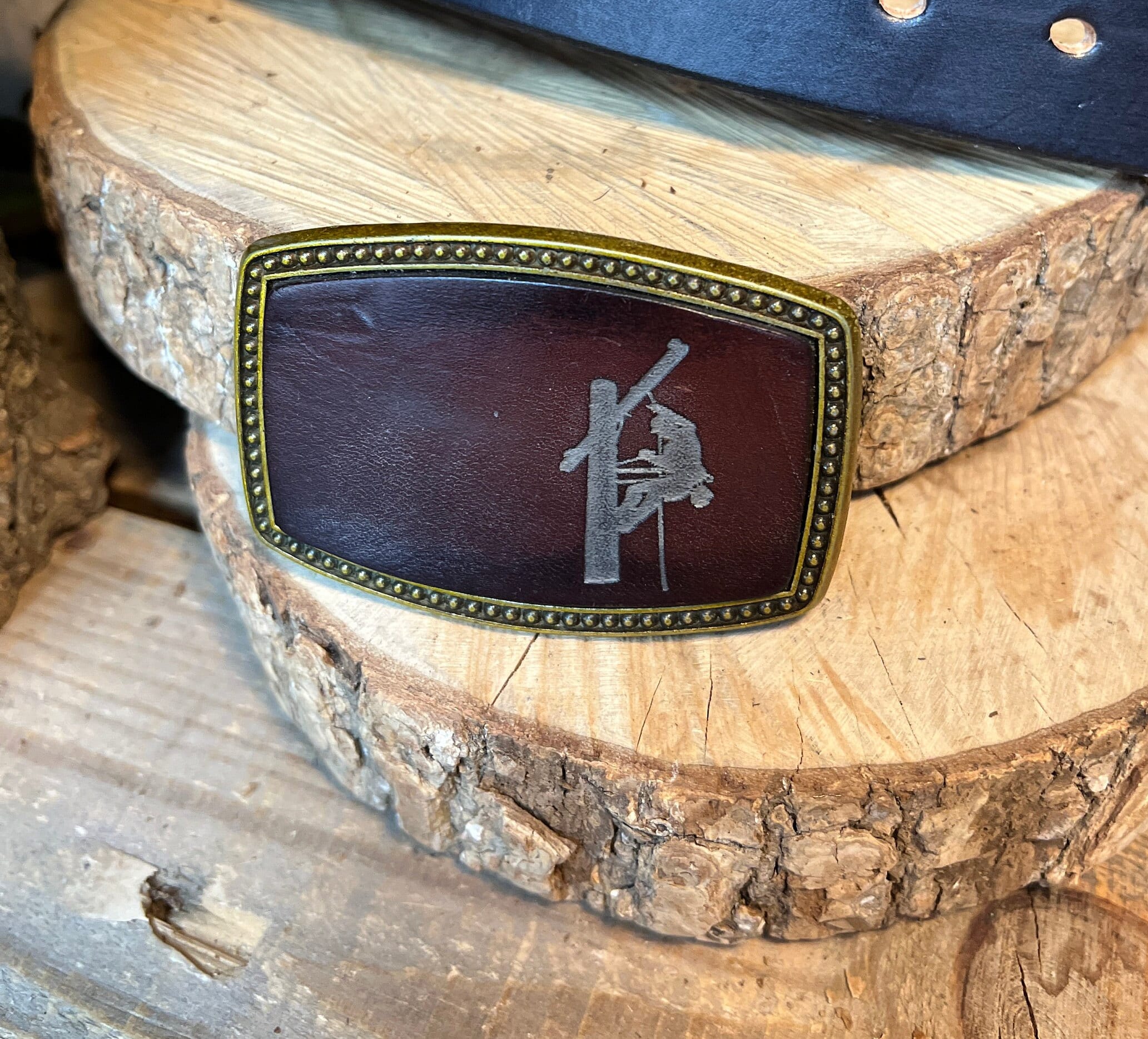 Leather Belt Buckle | Lineman on Pole | Personalized Option – M & W Leather