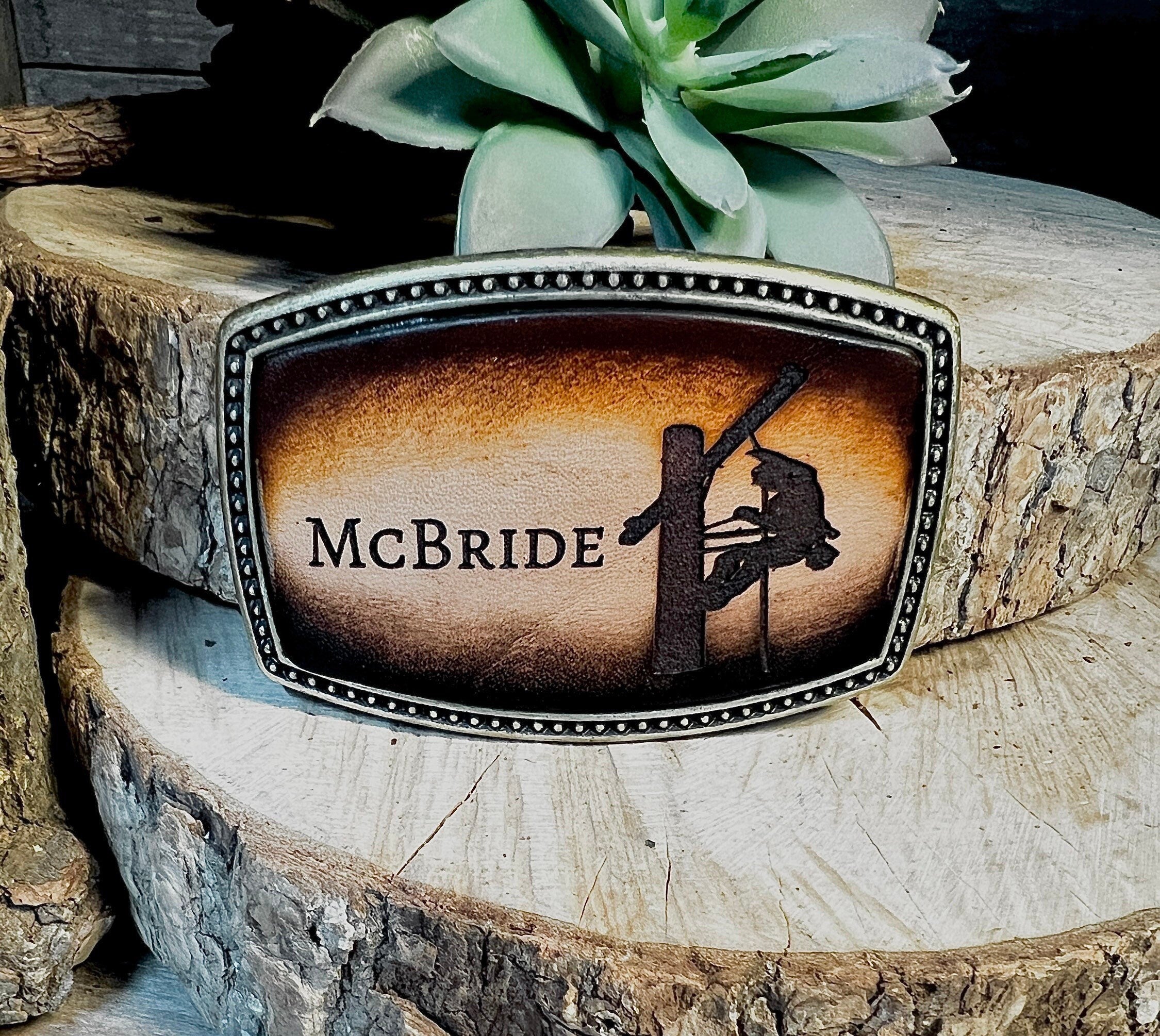 Leather Belt Buckle | Lineman on Pole | Personalized Option – M & W Leather