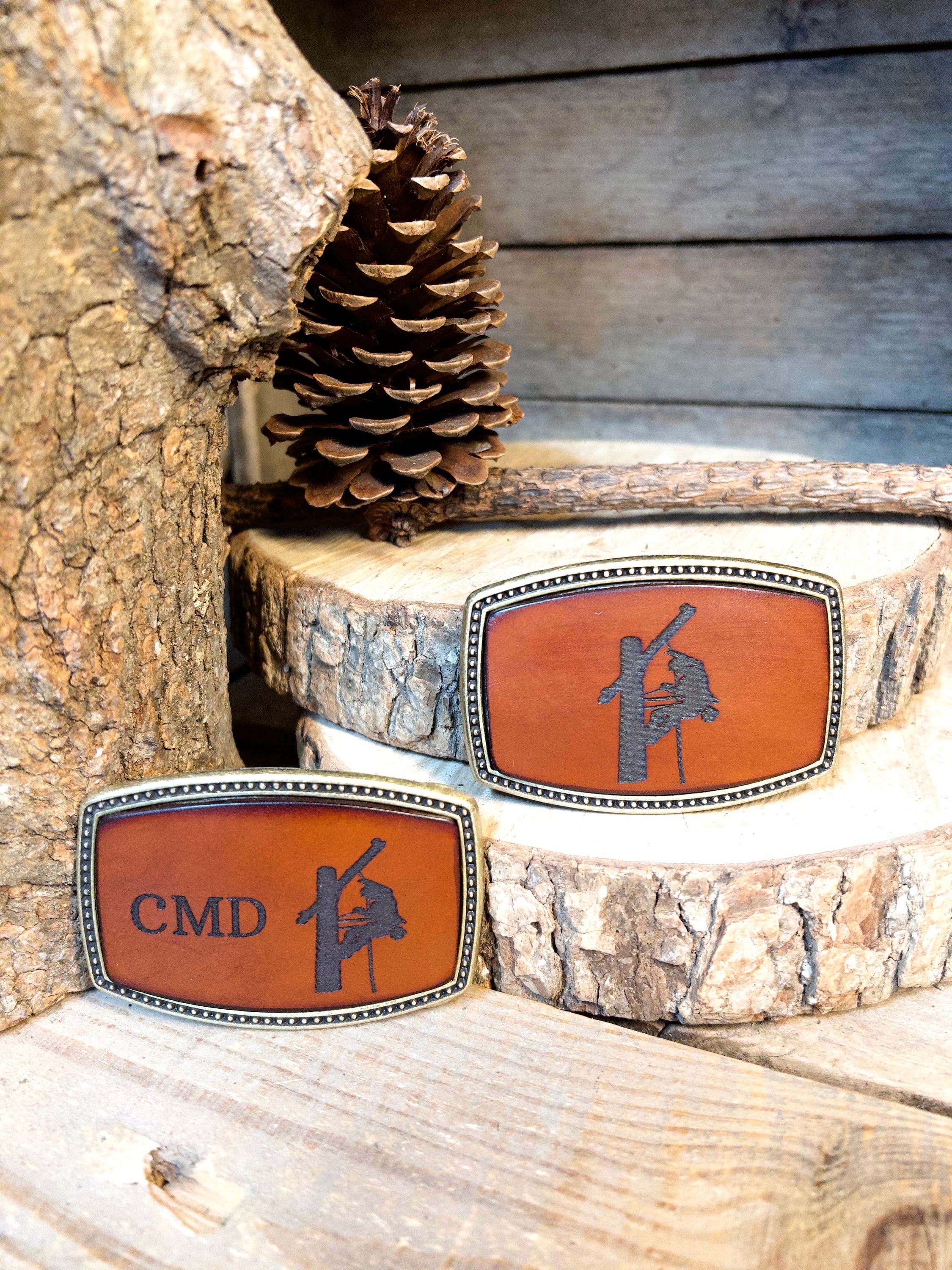 Leather Belt Buckle | Lineman on Pole | Personalized Option – M & W Leather