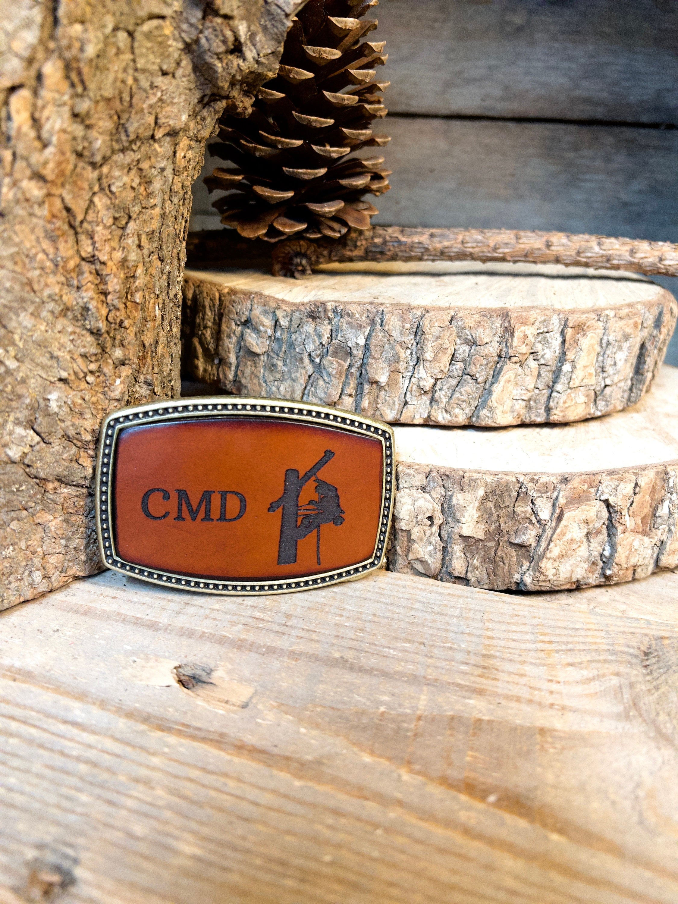 Leather Belt Buckle | Lineman on Pole | Personalized Option – M & W Leather