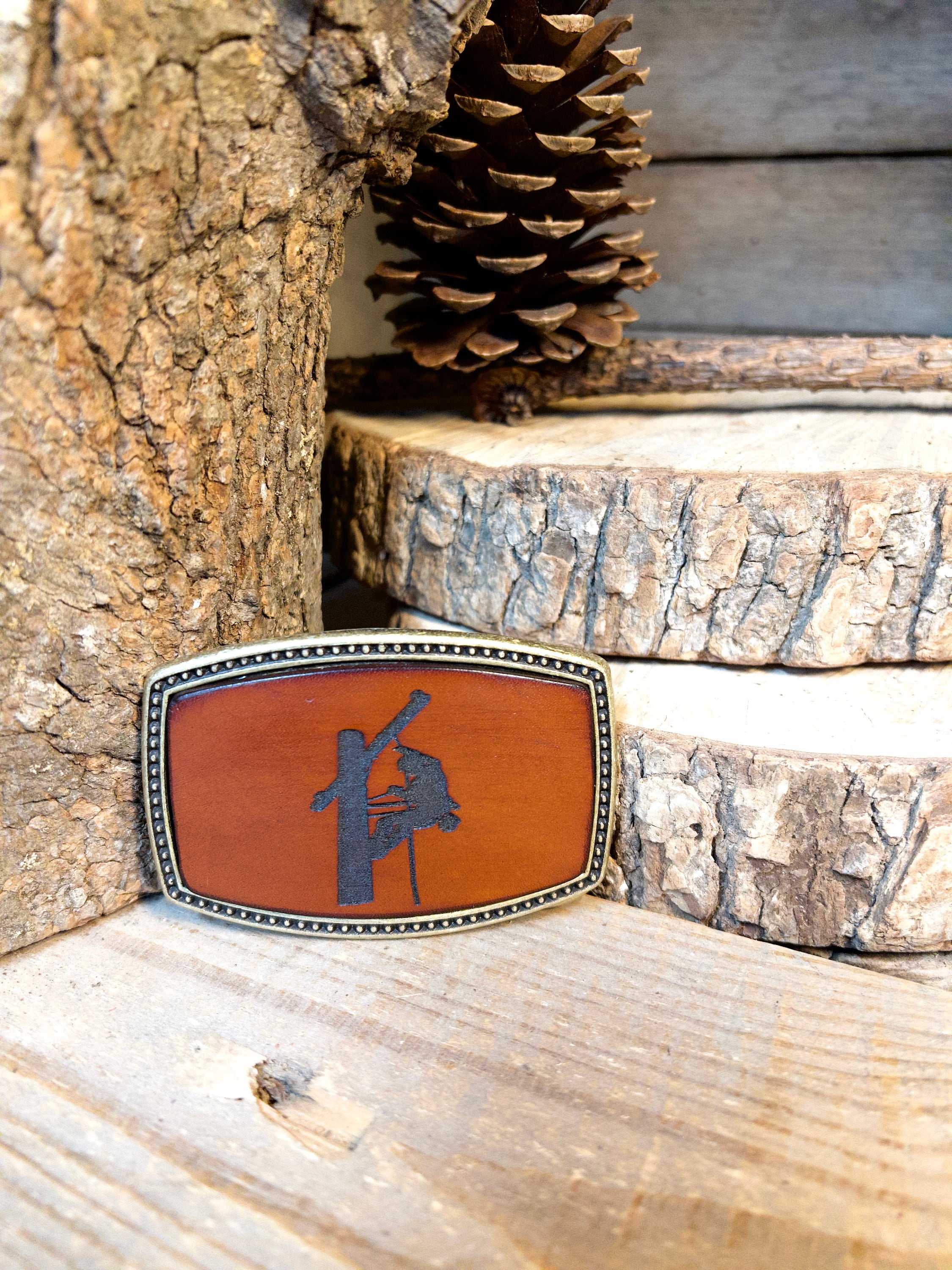 Leather Belt Buckle | Lineman on Pole | Personalized Option – M & W Leather